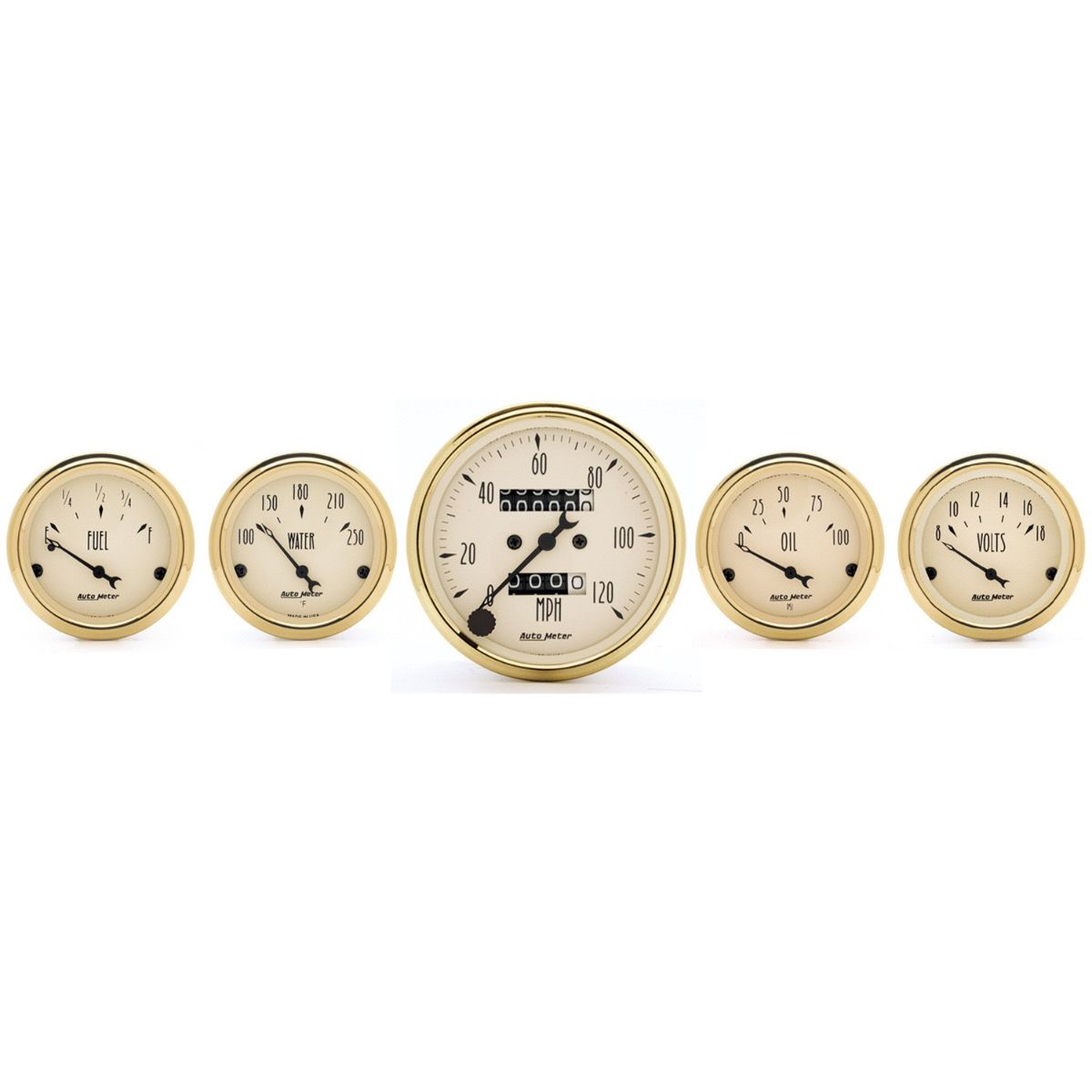 5 PC. GAUGE KIT, 3-1/8" & 2-1/16", MECHANICAL SPEEDOMETER, GOLDEN OLDIES